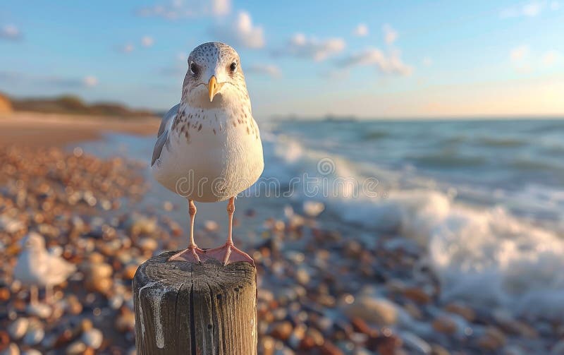 Seagull Standing on Wooden Pole on the Beach Stock Image - Image of ...