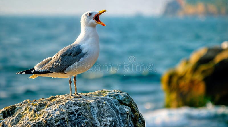 Seagull Calling Out while Perched on a Coastal Rock Stock Illustration ...