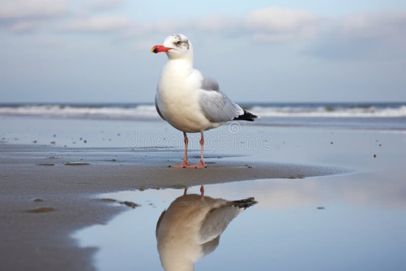 A Seagull Staring at Its Reflection in a Puddle on a Sandy Beach Stock ...