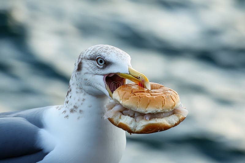 A Seagull Steals a Tourist S Fish Sandwich Stock Illustration ...