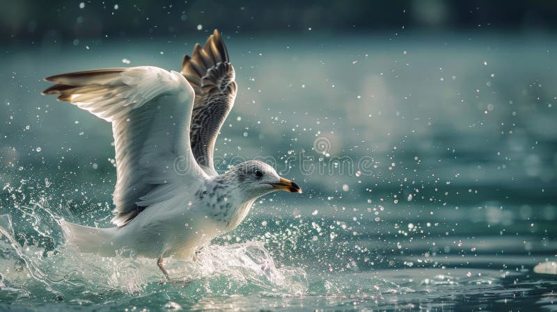 A Seagull with Wings Spread Landing on Water Surface, AI Stock Photo - Image of outdoors, water ...