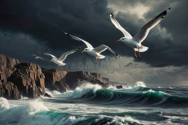 Seagulls Fly Over the Rough Sea. AI Generated Stock Illustration ...
