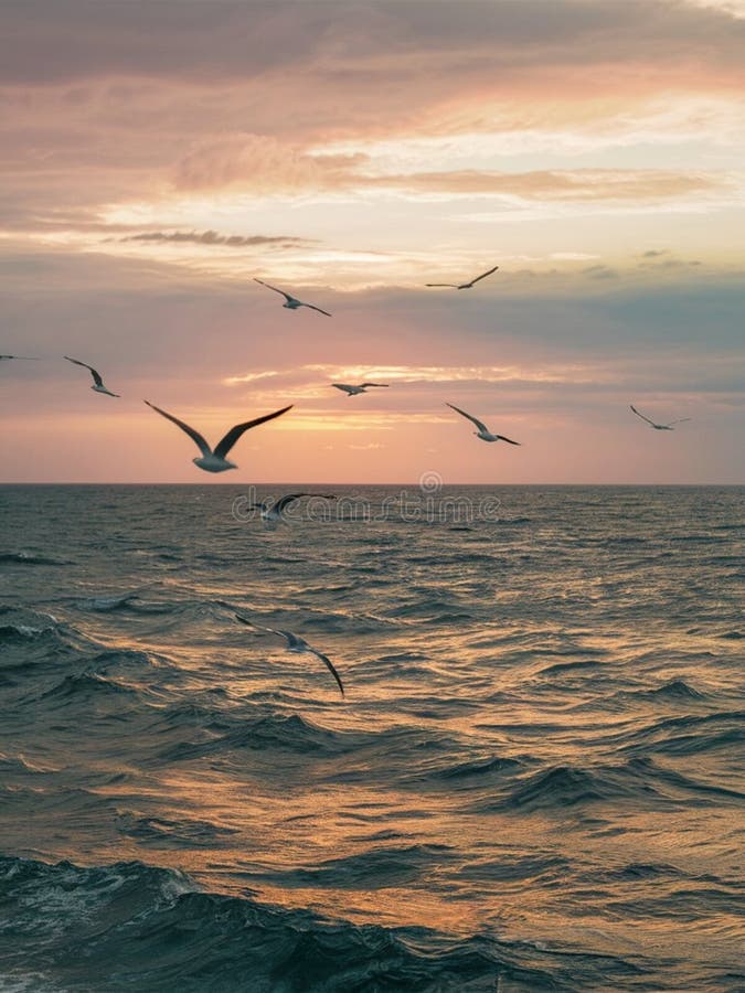 Seagulls Fly Over the Sea at Sunset Stock Illustration - Illustration ...