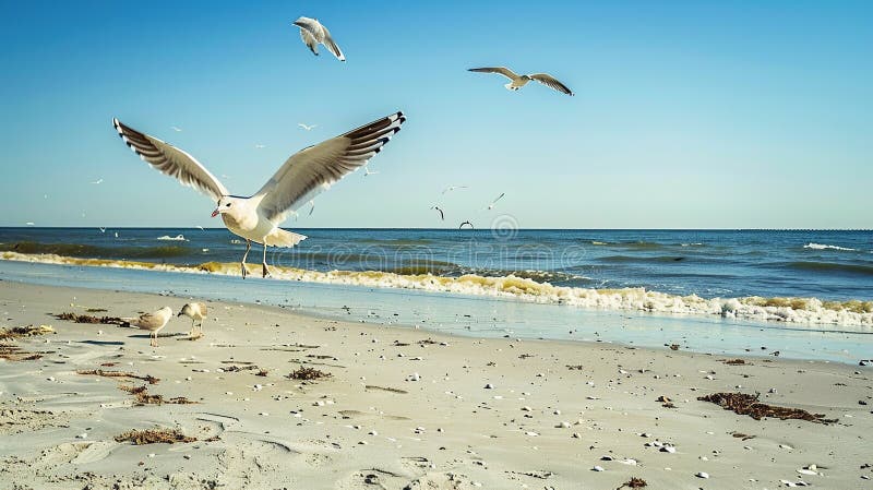 Seagulls Flying Over a Sandy Beach Stock Illustration - Illustration of ...
