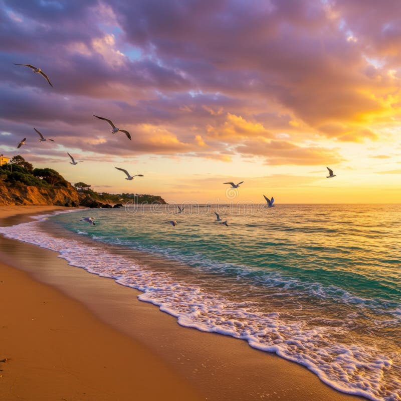 Seagulls at Sunset. Background Illustration Stock Vector - Illustration ...