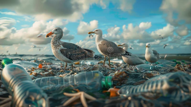 Seagulls among Plastic Pollution on Beach a Thoughtprovoking Scene of Seagulls Picking through ...