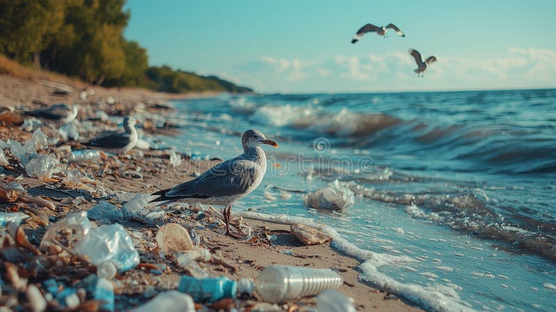 Seagulls Vs. Ocean Pollution a Nature Perspective on Coastal Cleanup Challenges Stock Image ...