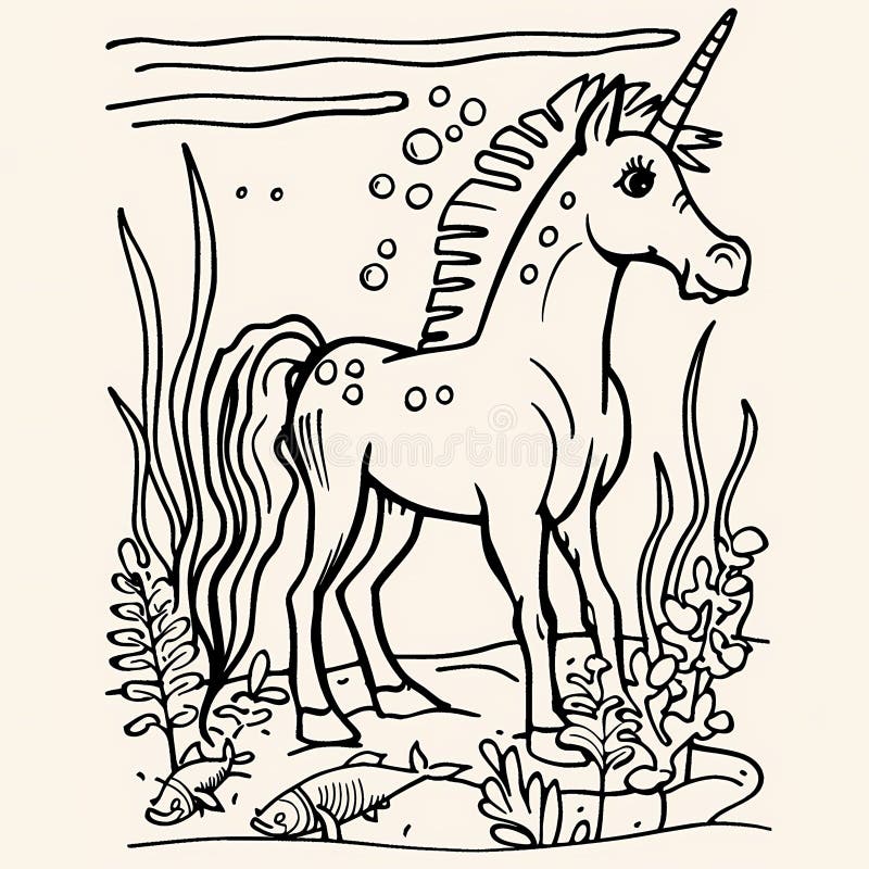 Seahorse - a Black and White Drawing of a Unicorn Stock Illustration ...