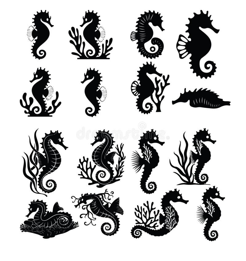 Seahorse Silhouette Vector Set Stock Vector - Illustration of cute ...