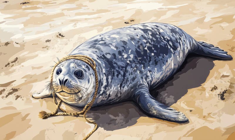 Seal Entangled in Rope on Sandy Beach, Highlighting Marine Wildlife ...