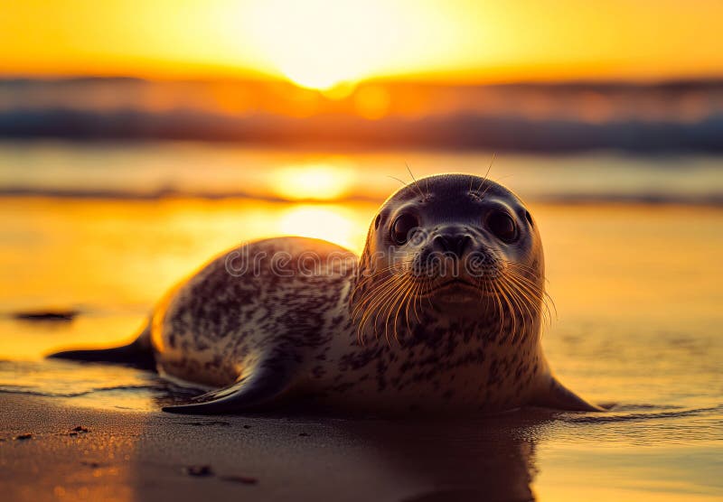 A Seal Laying on the Beach at Sunset Stock Photo - Image of side ...
