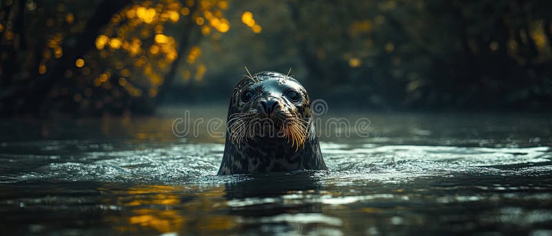 Curious Seal Swimming in River Close-up Stock Illustration ...