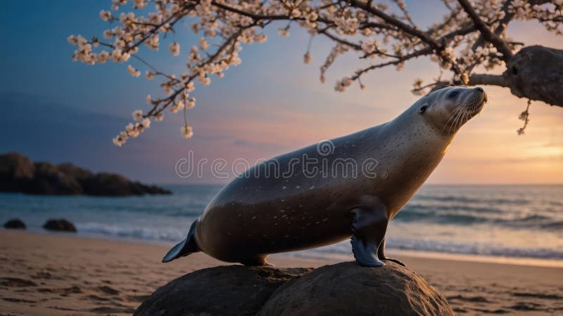 A Seal Poses on Rocks at Sunset Under a Flowering Tree by the Beach ...