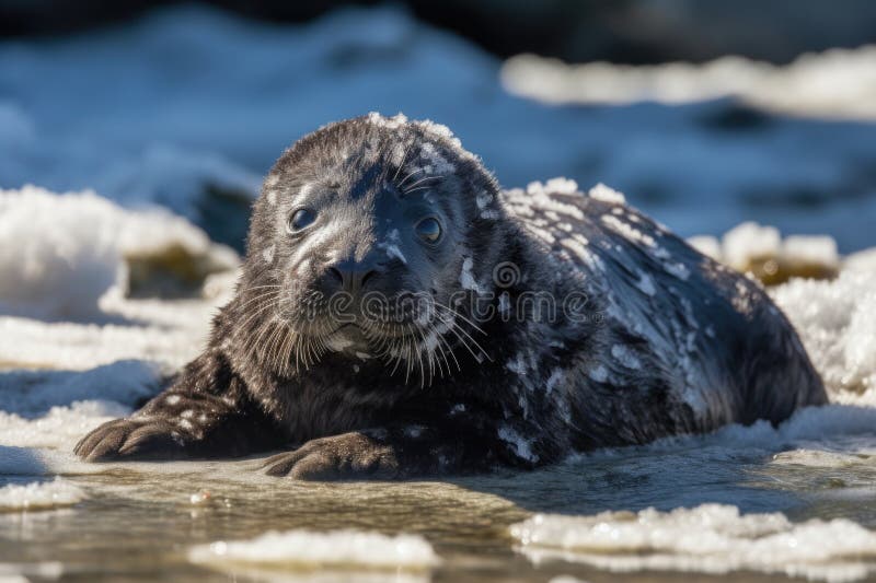 Seal Pup Basking in Sunshine on a Sun-dappled Shore, Surrounded by Snow ...