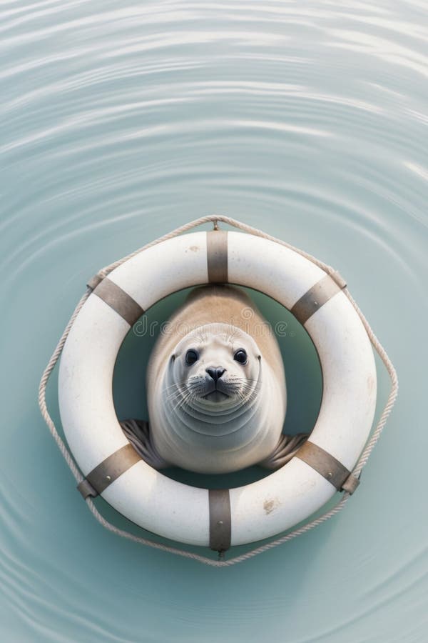 Seal Relaxing in a Life Ring in Cold Water. Stock Photo - Image of ...
