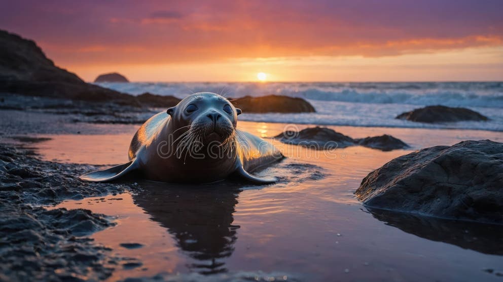 Serene Sunset Seal on Rocky Shore, Pacific Ocean Stock Illustration ...