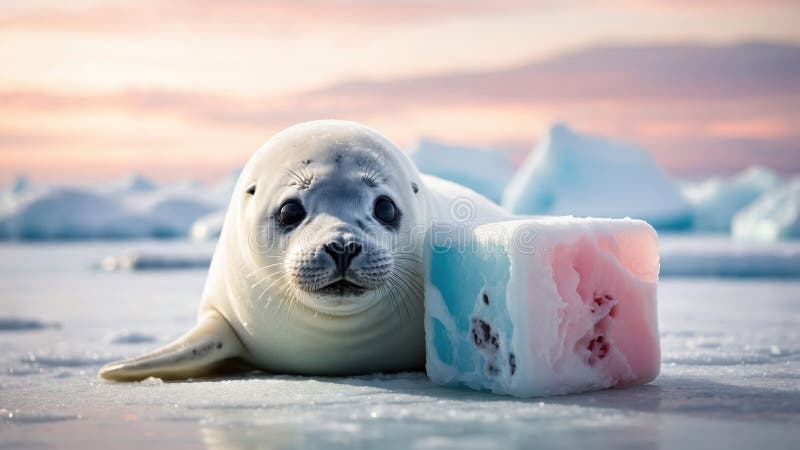 Adorable Baby Seal Pup Playing with Ice Cube in Arctic Landscape Stock ...