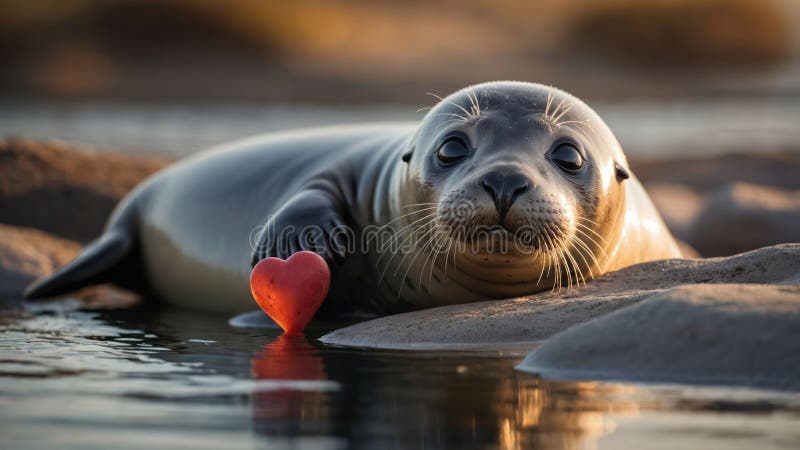 Adorable Seal Pup with Red Heart, Symbol of Love and Wildlife Stock ...