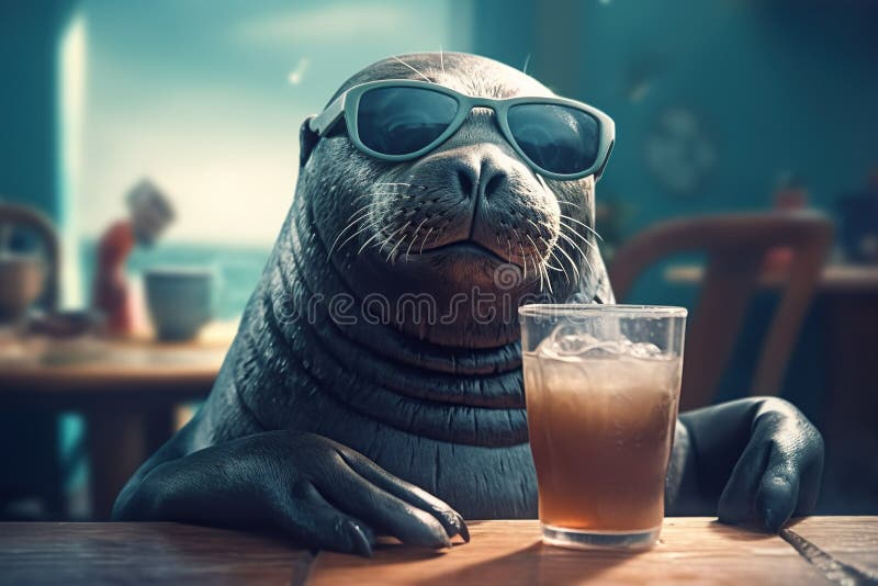 A Seal Sitting at a Table with Sunglasses and Drinks Created with ...