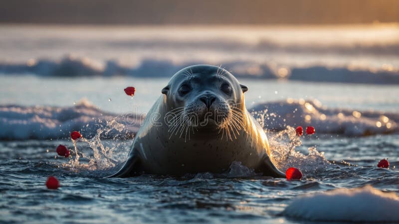 Golden Hour Seal Emerging from Ocean Waves Stock Illustration ...