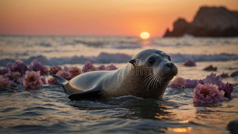Serene Sunset Seal: Majestic Marine Mammal in Pink Flower Petals at ...