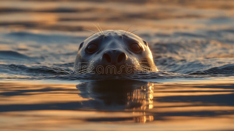 A Seal Swims Gracefully in Still Waters As the Sun Sets, Reflecting ...