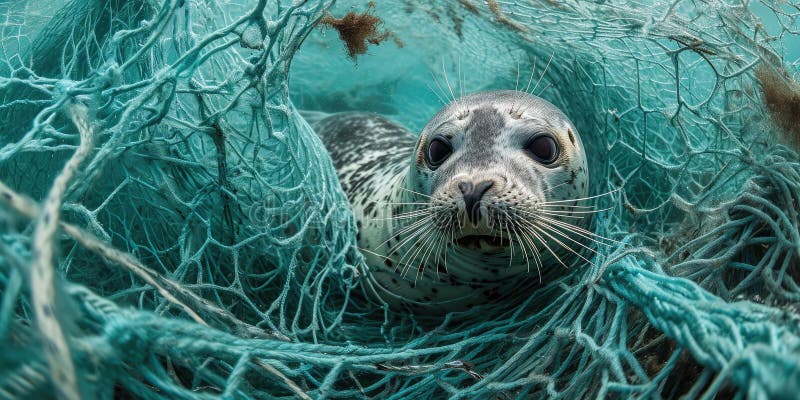Seal Tangled in Fishing Net. Concept of Environmental Pollution. Stock ...