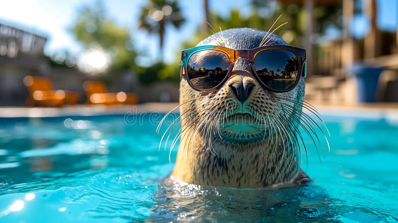 A Seal Wearing Sunglasses in a Swimming Pool Stock Photo - Image of ...