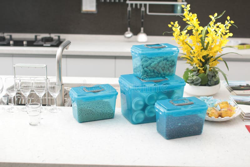 Sealed Boxes in the Kitchen Stock Image - Image of blue, glass: 95575011
