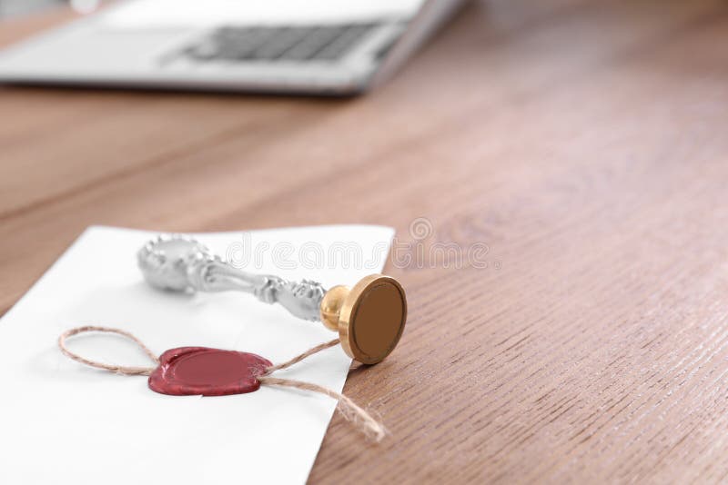 Sealed Document and Vintage Notary Stamp on Table with Space for Text ...