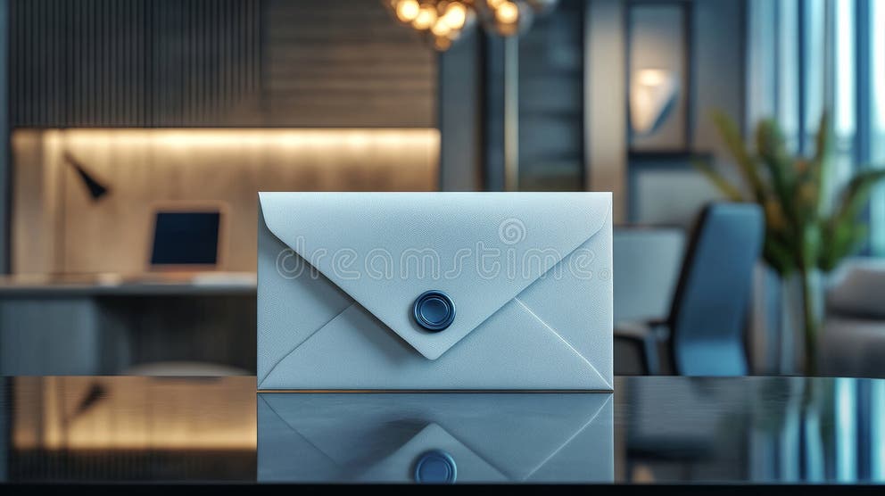 Sealed Envelope on a Reflective Desk in a Modern Office. Stock Image ...