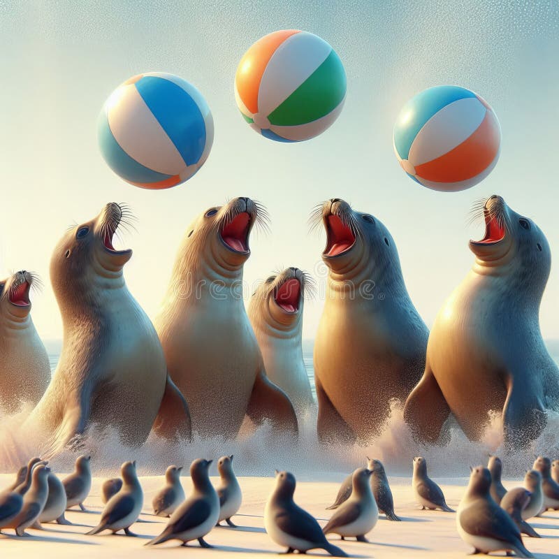 Seals Bouncing Beach Balls Off Their Noses Generating Bursts of Stock Illustration ...