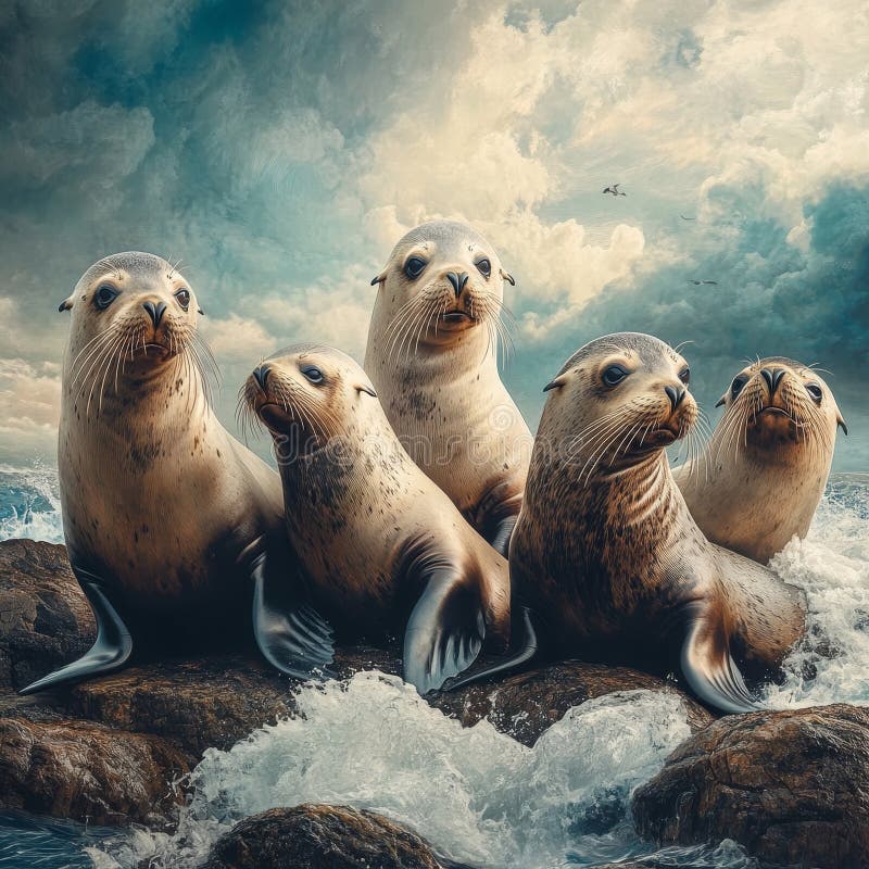 Seals are Gathered on a Rocky Beach, Soaking Up the Sun S Rays while ...