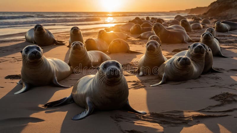 Golden Sunset Seals on Sandy Beach Stock Illustration - Illustration of ...