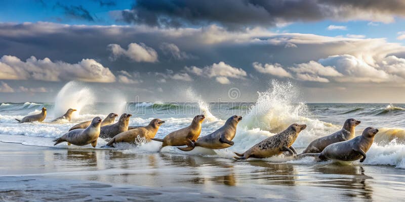 Seals Playfully Jumping in and Out of Coastal Waves Under a Cloudy Sky ...