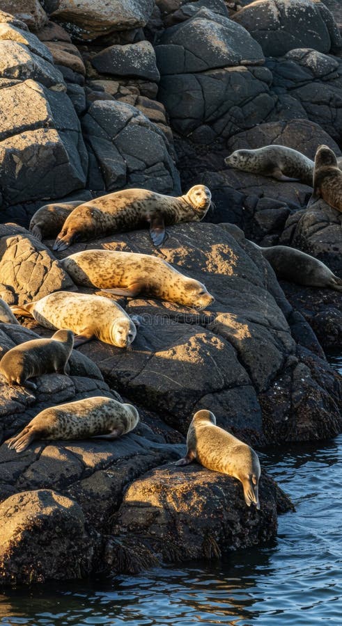 Seals Resting on Dark Rocks Near Ocean Shore Stock Illustration ...