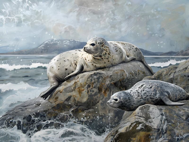 Seals on rocks by the sea stock illustration. Illustration of wild ...