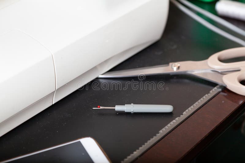 Seam Ripper and Scissors on Black Background Stock Image - Image of ...