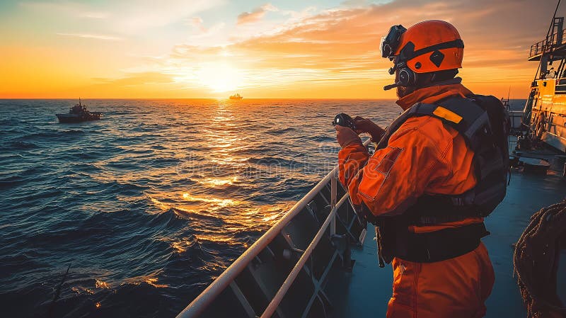 Seaman Using Binoculars on Ship at Sunset during Rescue Operation Stock ...