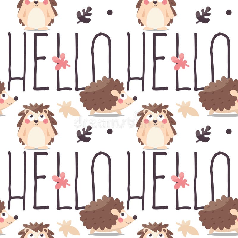 Seamlaee Cute Animal Vector Pattern with Hedgehogs, Leaves, Inscription ...