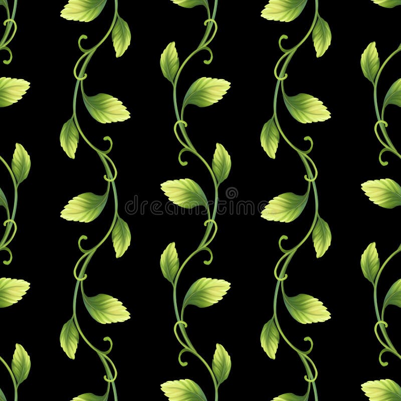 Seamlee Vertical Pattern of Green Leaves on Black Background. Stock ...