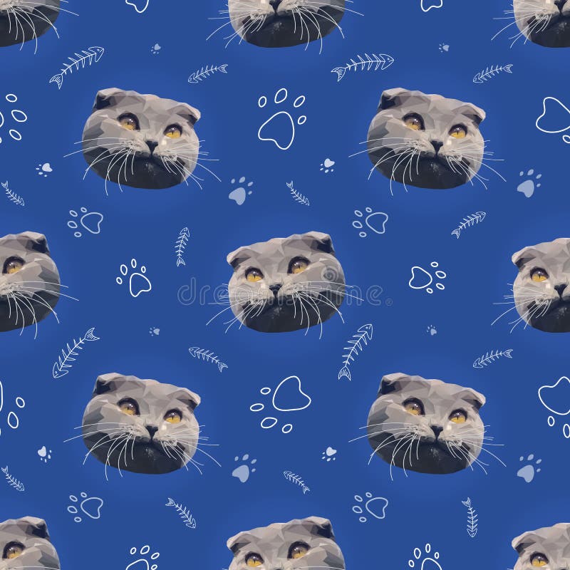Seamles Vector Pattern with Low-poly Gray British Scottish Fold Cat ...