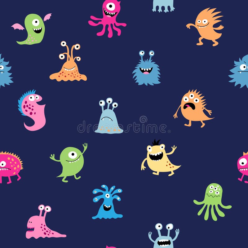 Seamless Abstract Background with Cute Cartoon Monsters Stock Vector ...