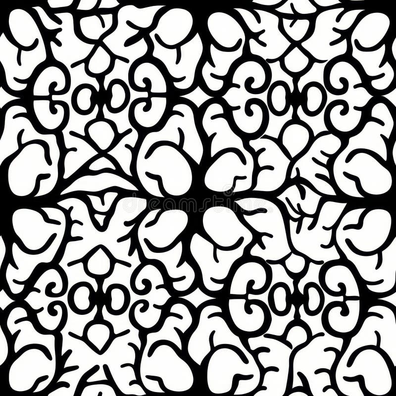 Seamless Abstract Black Stencil Pattern on White Background with Swirly ...