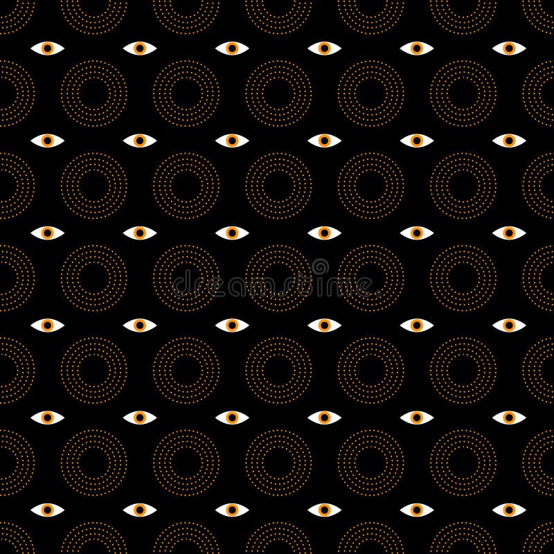 Seamless Abstract Eye and Dot Pattern with Black Background and Orange ...