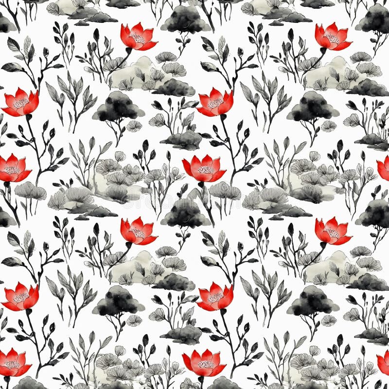 Seamless Abstract Floral Pattern Line Art in Oriental Style Stock ...