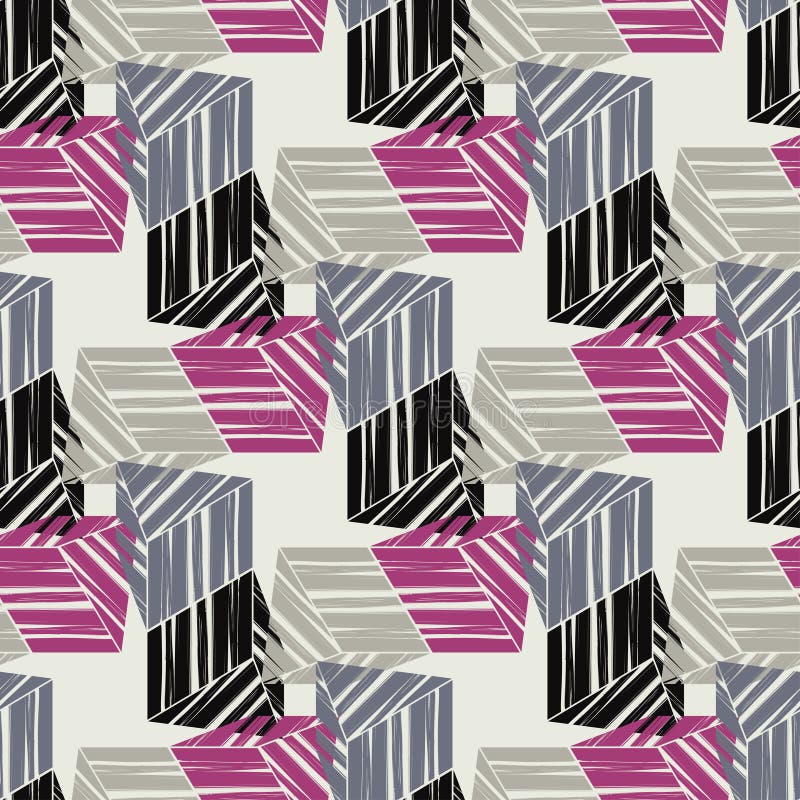 Seamless Abstract Geometric Pattern. 3D Cubes. Brushwork. Hand Hatching ...