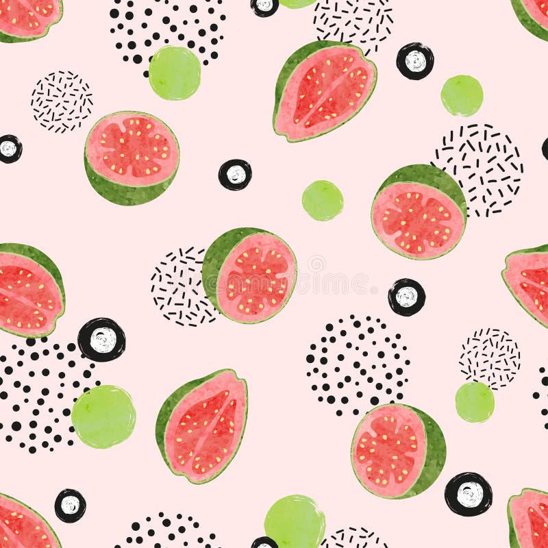 Seamless Guava Fruit Pattern. Vector Watercolor Exotic Fruit and Leaves ...