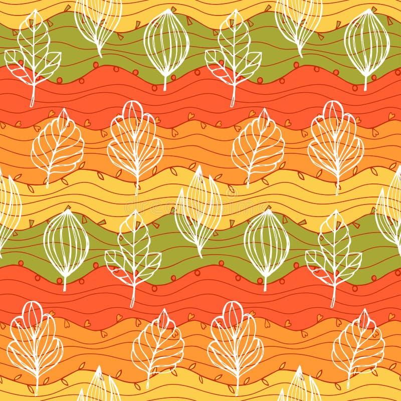 Seamless Abstract Hand Drawn Wave and Leafs Pattern. Autumn Stock ...