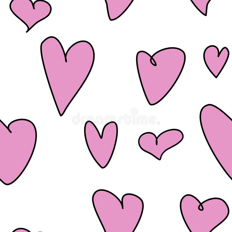 Seamless Abstract Pattern of Different Pink Contour Hearts. Hand Drawn ...